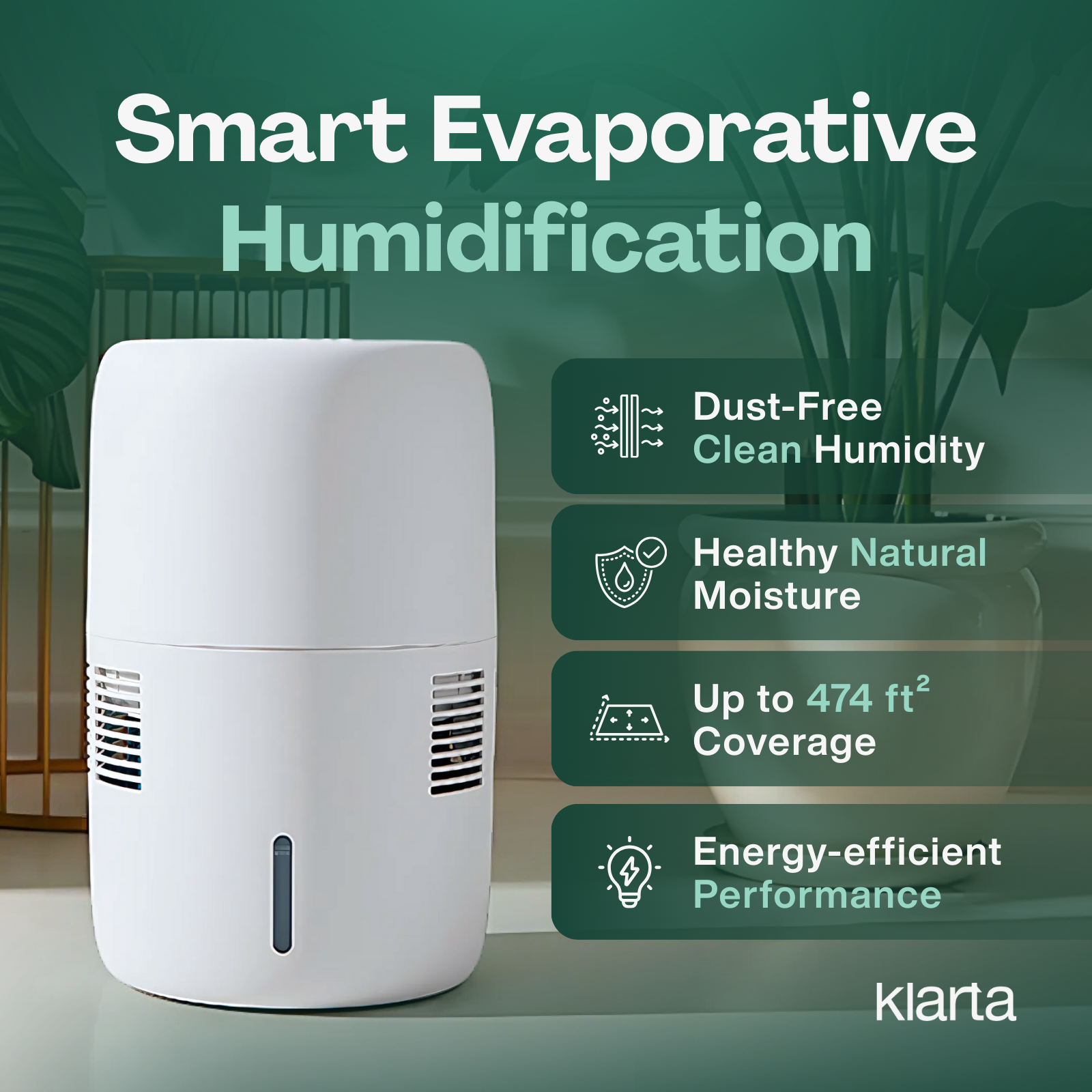 Klarta Humea - Smart Evaporative Humidifier for Bedrooms, Nurseries